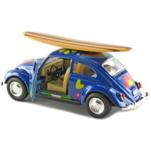 Set of 4: 5" Classic Volkswagen Beetle with Decal and Surfboard 1:32 Scale (Black/Blue/Red/Yellow)