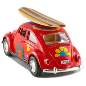 Set of 4: 5" Classic Volkswagen Beetle with Decal and Surfboard 1:32 Scale (Black/Blue/Red/Yellow)