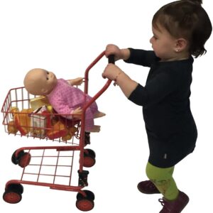 The New York Doll Collection Toy Shopping Cart for Kids and Toddler - Includes Food - Folds for Easy Storage - with Sturdy Metal Frame (Red)