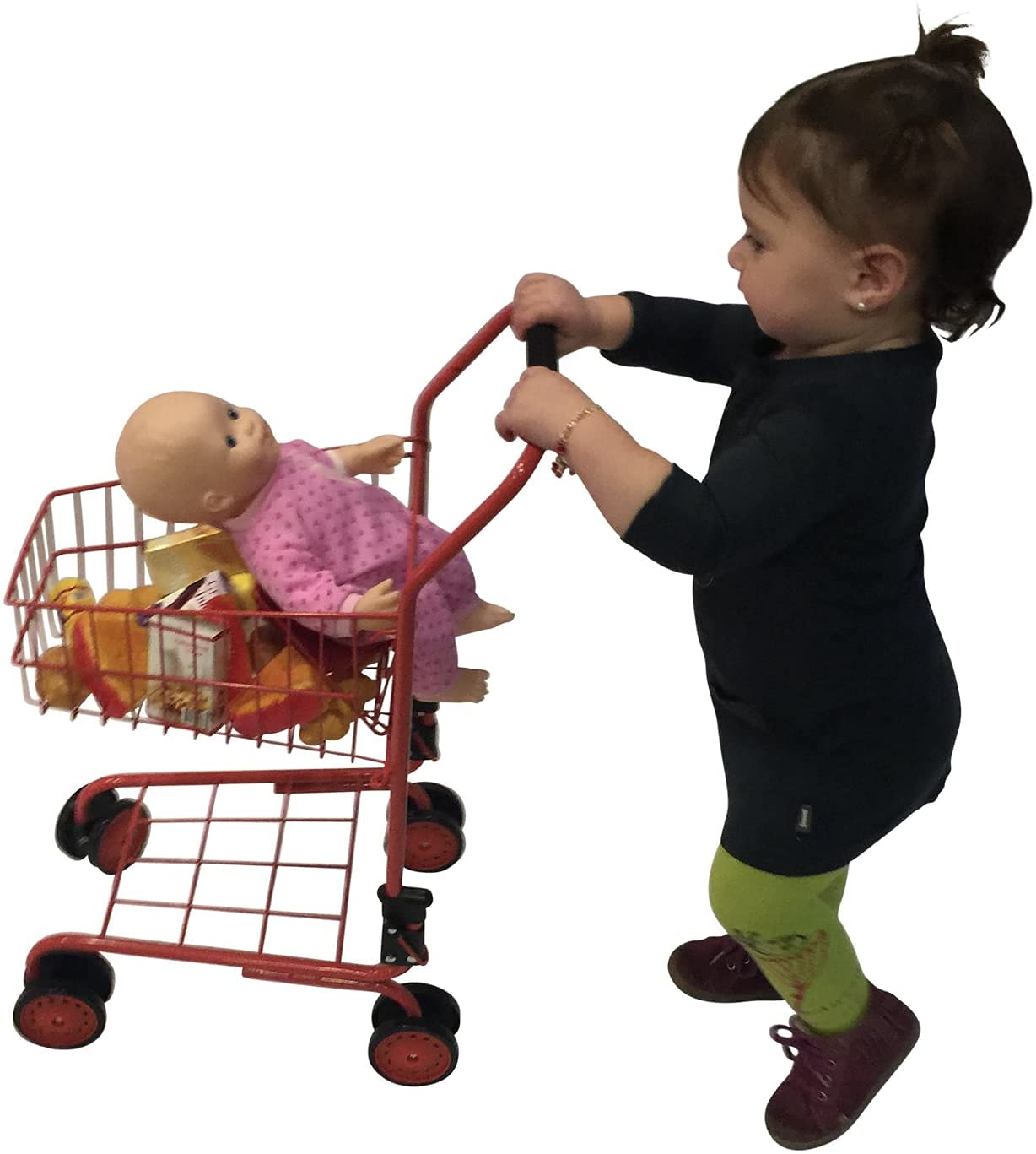 The New York Doll Collection Toy Shopping Cart for Kids and Toddler - Includes Food - Folds for Easy Storage - with Sturdy Metal Frame (Red)