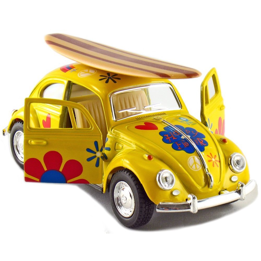 Set of 4: 5" Classic Volkswagen Beetle with Decal and Surfboard 1:32 Scale (Black/Blue/Red/Yellow)