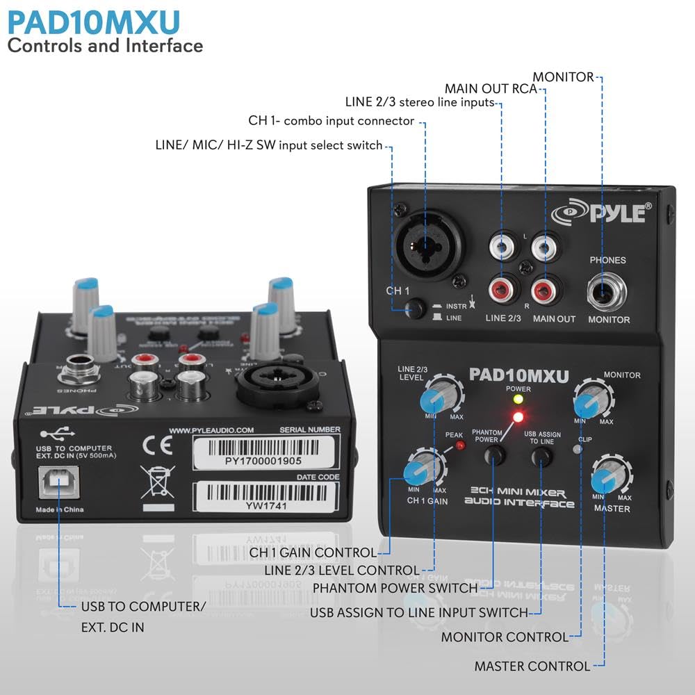 Pyle 2-Channel Audio Mixer - DJ Sound Controller Interface with USB Soundcard for PC Recording, XLR and 3.5mm Microphone Jack, 18V Power, RCA Input and Output for Professional and Beginners - PAD10MXU