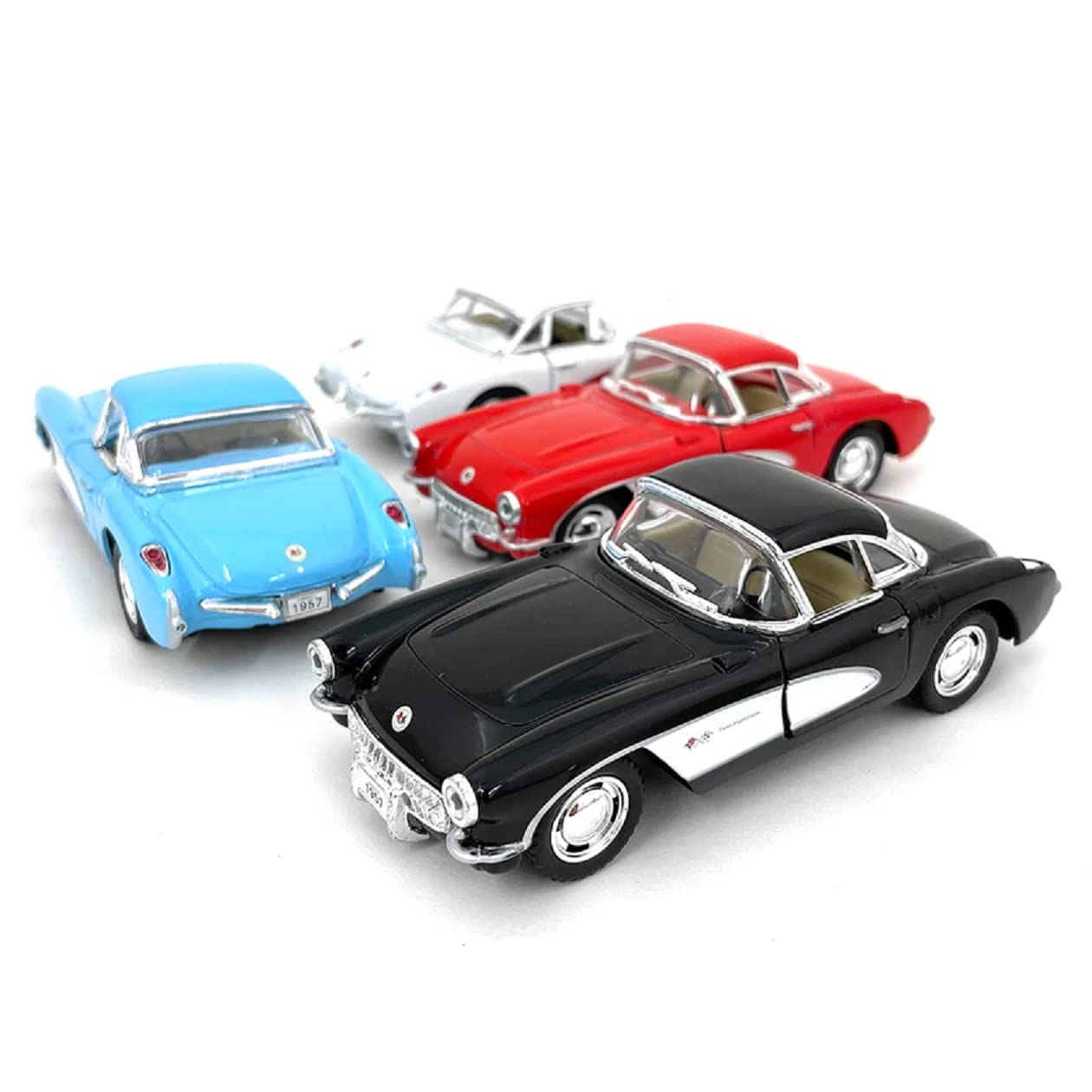 Set of 4: 5" 1957 Chevy Corvette 1:34 Scale (Black/Blue/Red/White) by Kinsmart