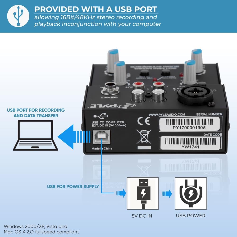 Pyle 2-Channel Audio Mixer - DJ Sound Controller Interface with USB Soundcard for PC Recording, XLR and 3.5mm Microphone Jack, 18V Power, RCA Input and Output for Professional and Beginners - PAD10MXU