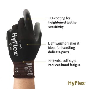 HyFlex 11-600 Multi-Purpose Light Duty Industrial Gloves w/ Palm Coating for Metal Fabrication, Machinery, Automotive - Size 7, Black (12 Pairs)