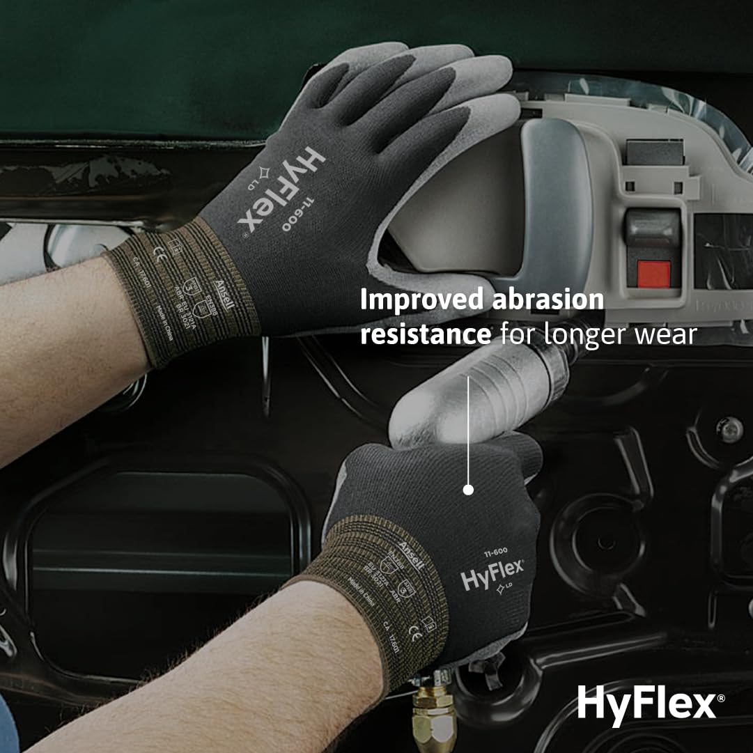 HyFlex 11-600 Multi-Purpose Light Duty Industrial Gloves w/ Palm Coating for Metal Fabrication, Machinery, Automotive - Size 7, Black (12 Pairs)