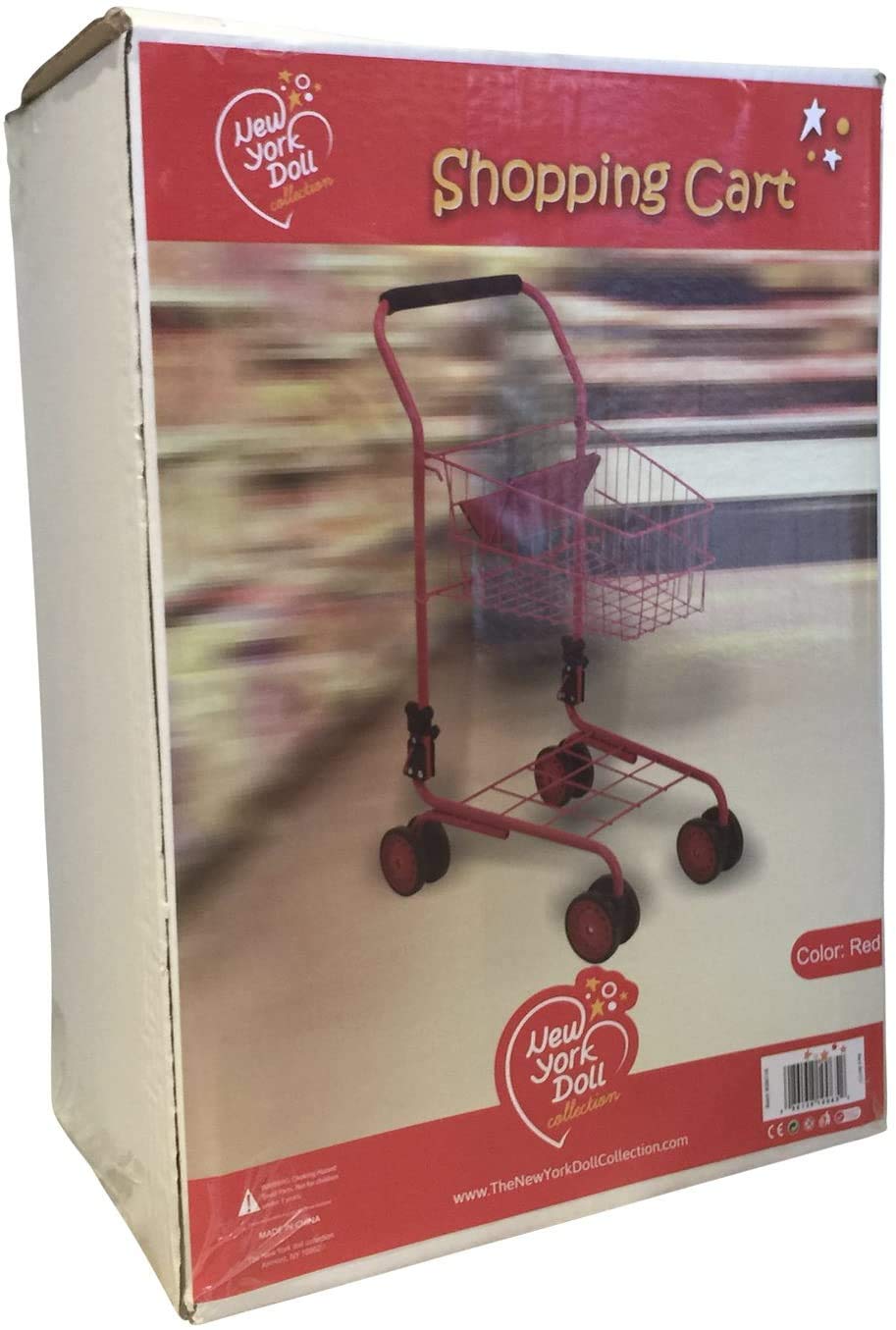 The New York Doll Collection Toy Shopping Cart for Kids and Toddler - Includes Food - Folds for Easy Storage - with Sturdy Metal Frame (Red)