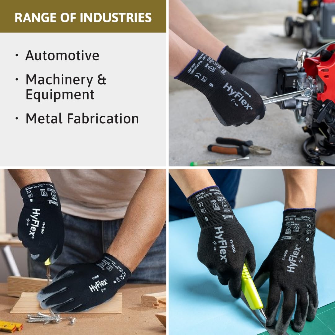 HyFlex 11-600 Multi-Purpose Light Duty Industrial Gloves w/ Palm Coating for Metal Fabrication, Machinery, Automotive - Size 7, Black (12 Pairs)