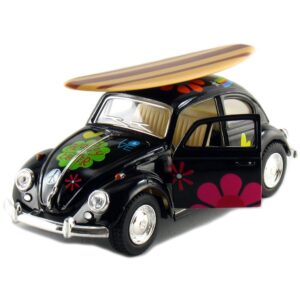 Set of 4: 5" Classic Volkswagen Beetle with Decal and Surfboard 1:32 Scale (Black/Blue/Red/Yellow)