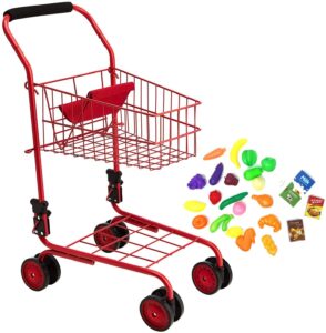 the new york doll collection toy shopping cart for kids and toddler - includes food - folds for easy storage - with sturdy metal frame (red)