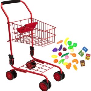 The New York Doll Collection Toy Shopping Cart for Kids and Toddler - Includes Food - Folds for Easy Storage - with Sturdy Metal Frame (Red)