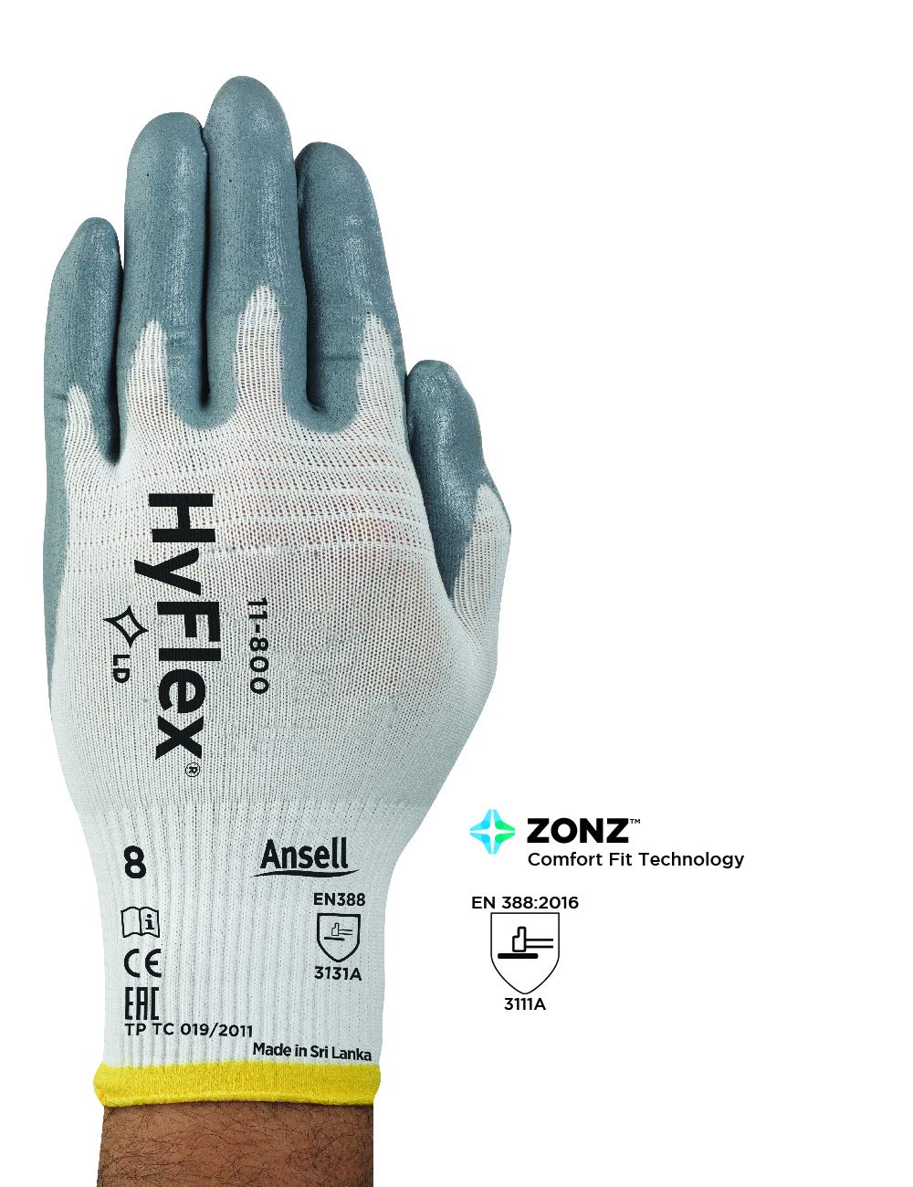 Ansell HyFlex 11-800 Nylon Glove, Gray Foam Nitrile Coating, Knit Wrist Cuff, Medium, Size 8 (Pack of 12)