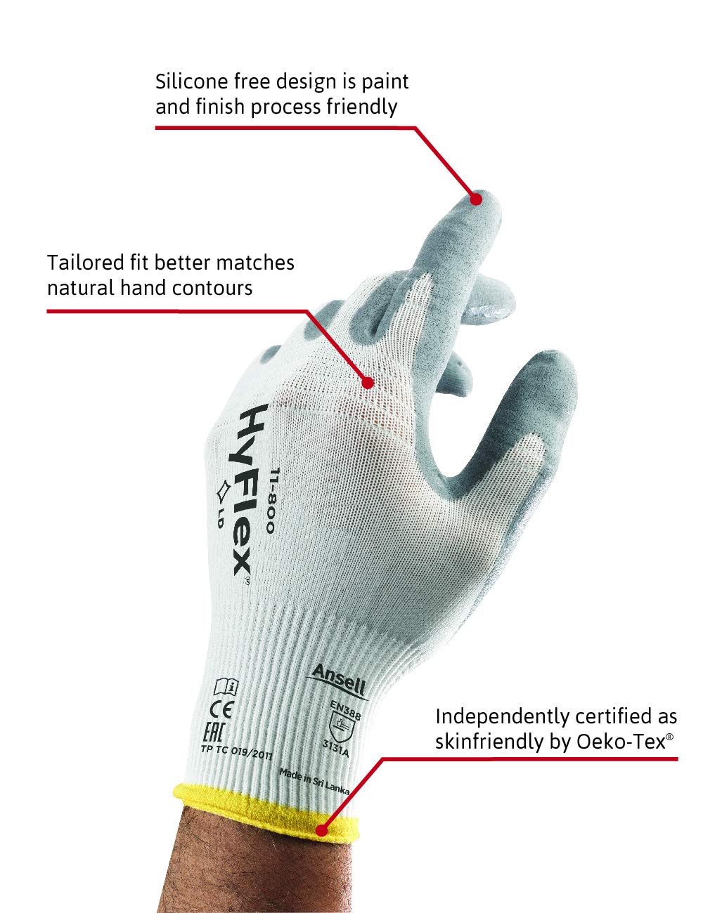 Ansell HyFlex 11-800 Nylon Glove, Gray Foam Nitrile Coating, Knit Wrist Cuff, Medium, Size 8 (Pack of 12)