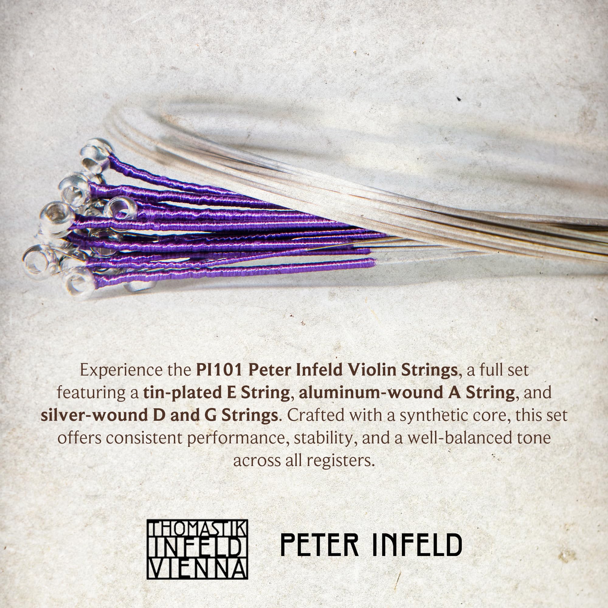 Thomastik-Infeld Peter Infeld Violin Strings 4/4 Full Set with Platinum E - Synthetic Core 4/4 Violin Strings Including Platinum Plated E, Aluminum Wound A, Silver Wound D and G - Made in Vienna