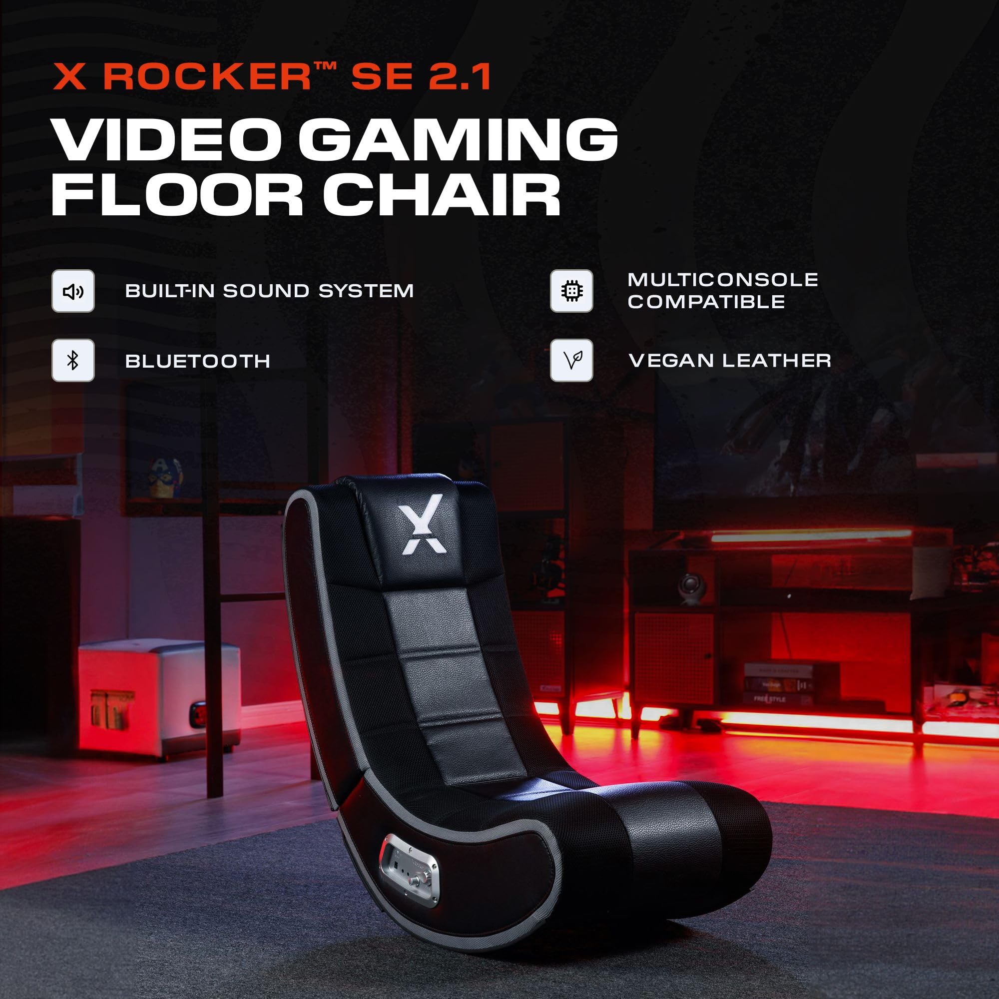 X Rocker SE 2.1 Video Gaming Floor Chair, with 2 Speakers, Subwoofer, Padded Headrest, Bluetooth, Foldable, 5130301, 25.2" x 18.4" x 16.4", Amazon Exclusive, Black