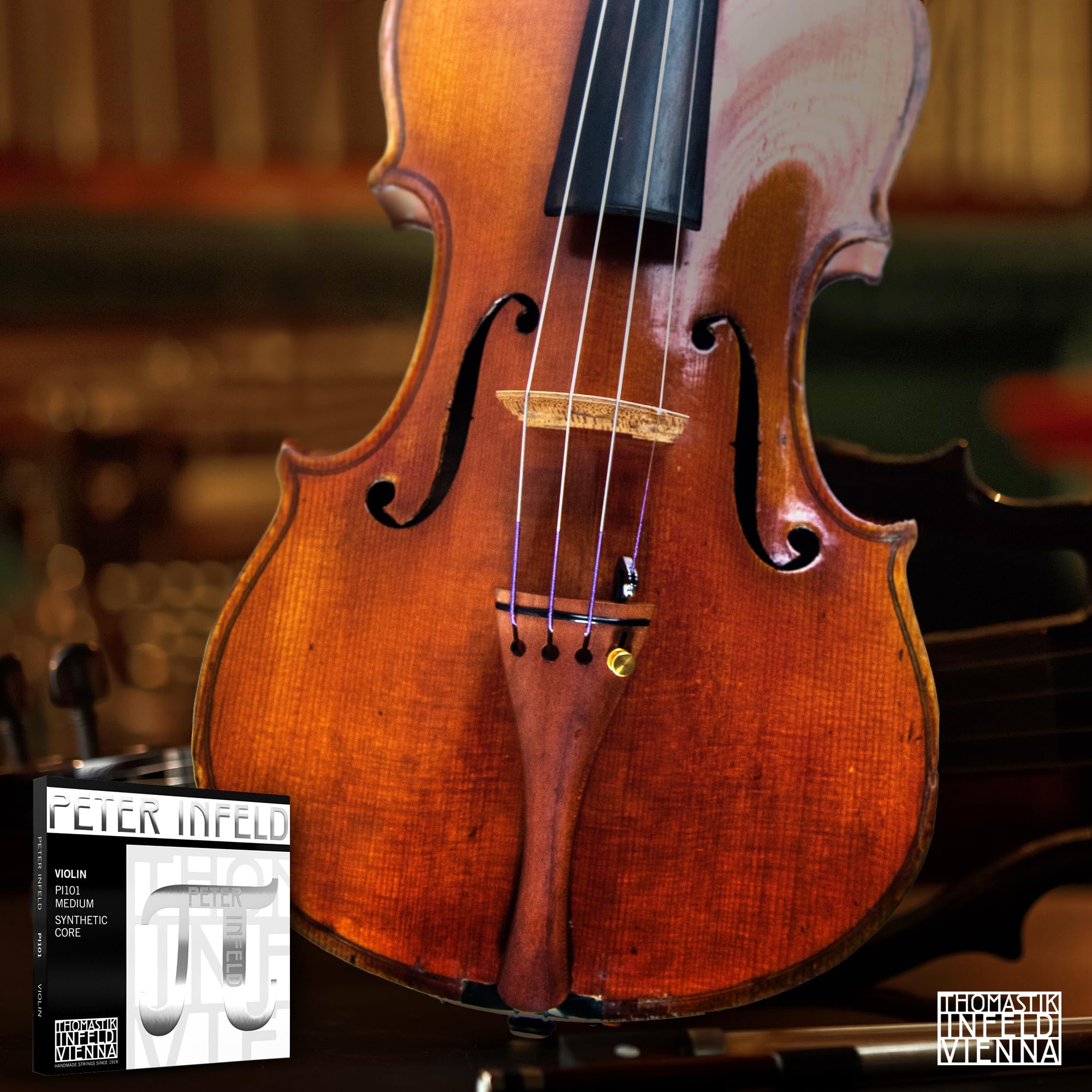 Thomastik-Infeld Peter Infeld Violin Strings 4/4 Full Set with Platinum E - Synthetic Core 4/4 Violin Strings Including Platinum Plated E, Aluminum Wound A, Silver Wound D and G - Made in Vienna