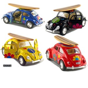 set of 4: 5" classic volkswagen beetle with decal and surfboard 1:32 scale (black/blue/red/yellow)