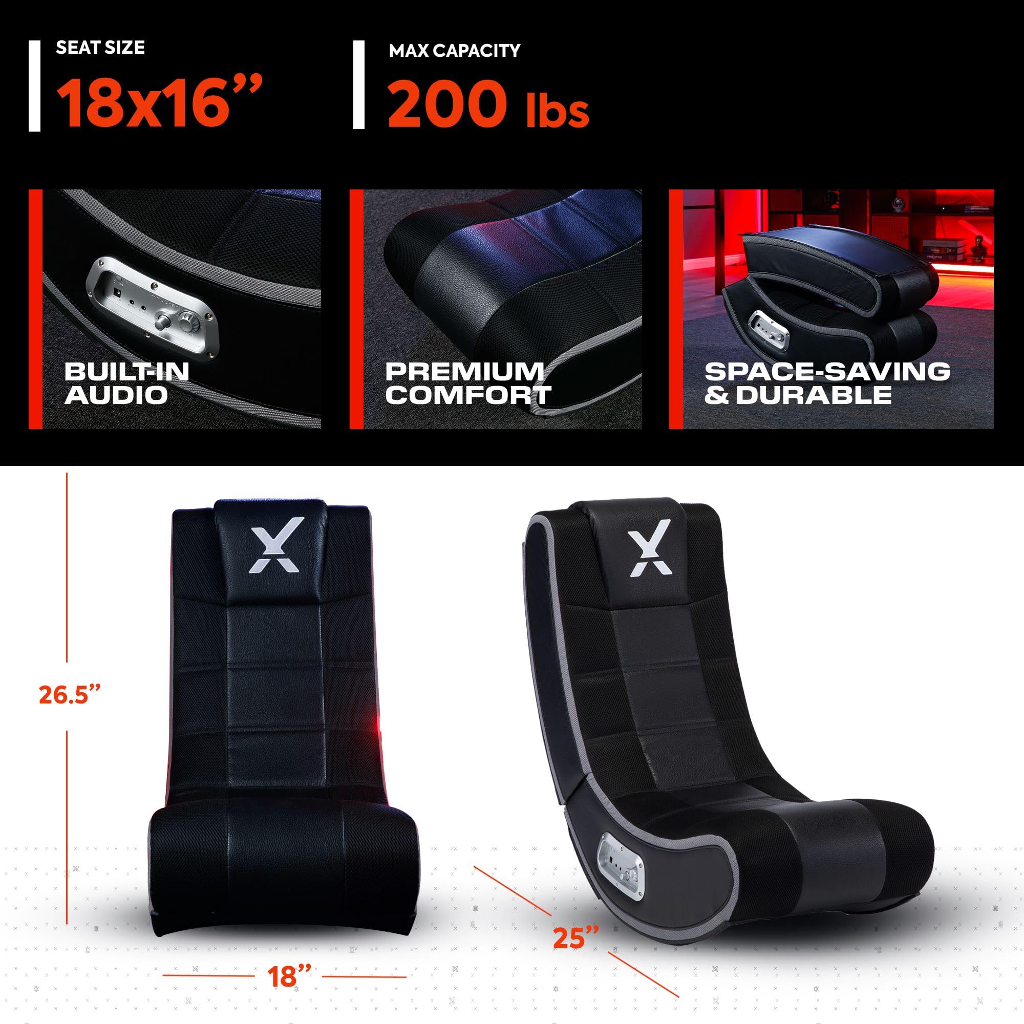 X Rocker SE 2.1 Video Gaming Floor Chair, with 2 Speakers, Subwoofer, Padded Headrest, Bluetooth, Foldable, 5130301, 25.2" x 18.4" x 16.4", Amazon Exclusive, Black