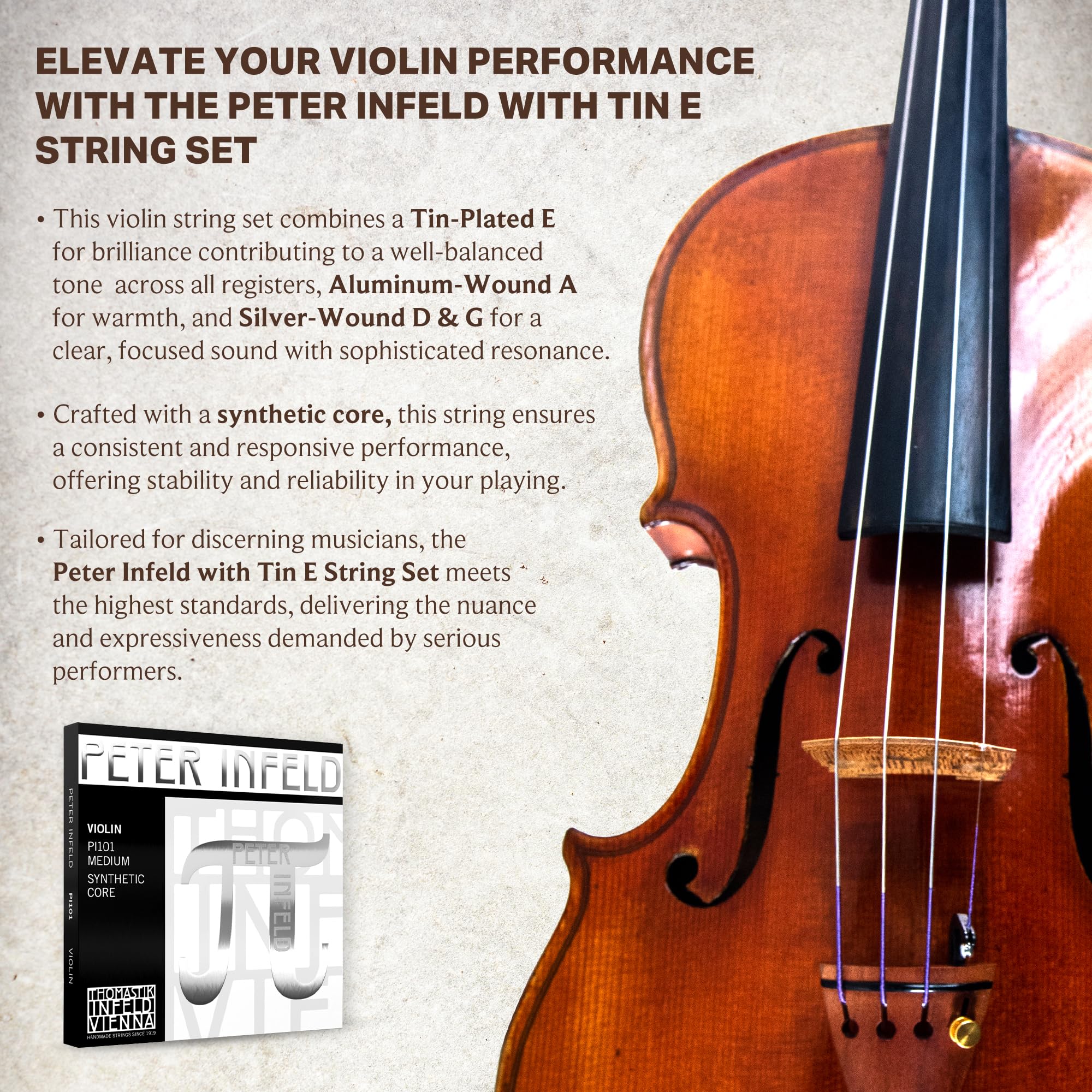 Thomastik-Infeld Peter Infeld Violin Strings 4/4 Full Set with Platinum E - Synthetic Core 4/4 Violin Strings Including Platinum Plated E, Aluminum Wound A, Silver Wound D and G - Made in Vienna