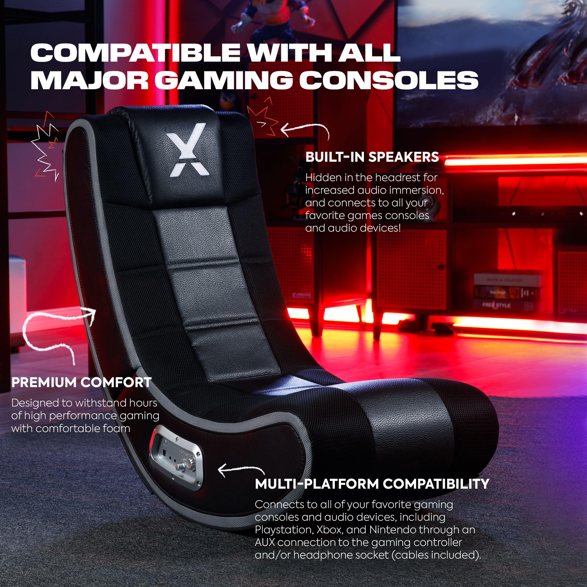 X Rocker SE 2.1 Video Gaming Floor Chair, with 2 Speakers, Subwoofer, Padded Headrest, Bluetooth, Foldable, 5130301, 25.2" x 18.4" x 16.4", Amazon Exclusive, Black