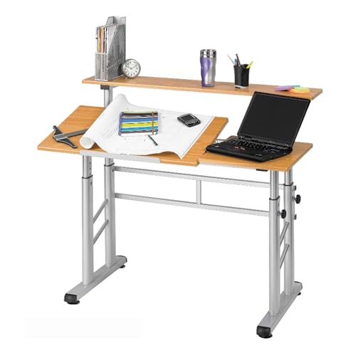 Safco Split-Level Drafting Table Height Adjustable Sit-to-Stand, 29.5" to 37.5", Medium Oak