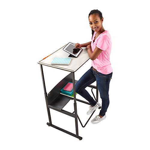 Safco AlphaBetter Stand-Up Student Desk with Book Box, Features a Swinging Pendulum Footrest Bar & a 28” W x 20” D Durable Desktop, Adjustable Height’, Premium Gray