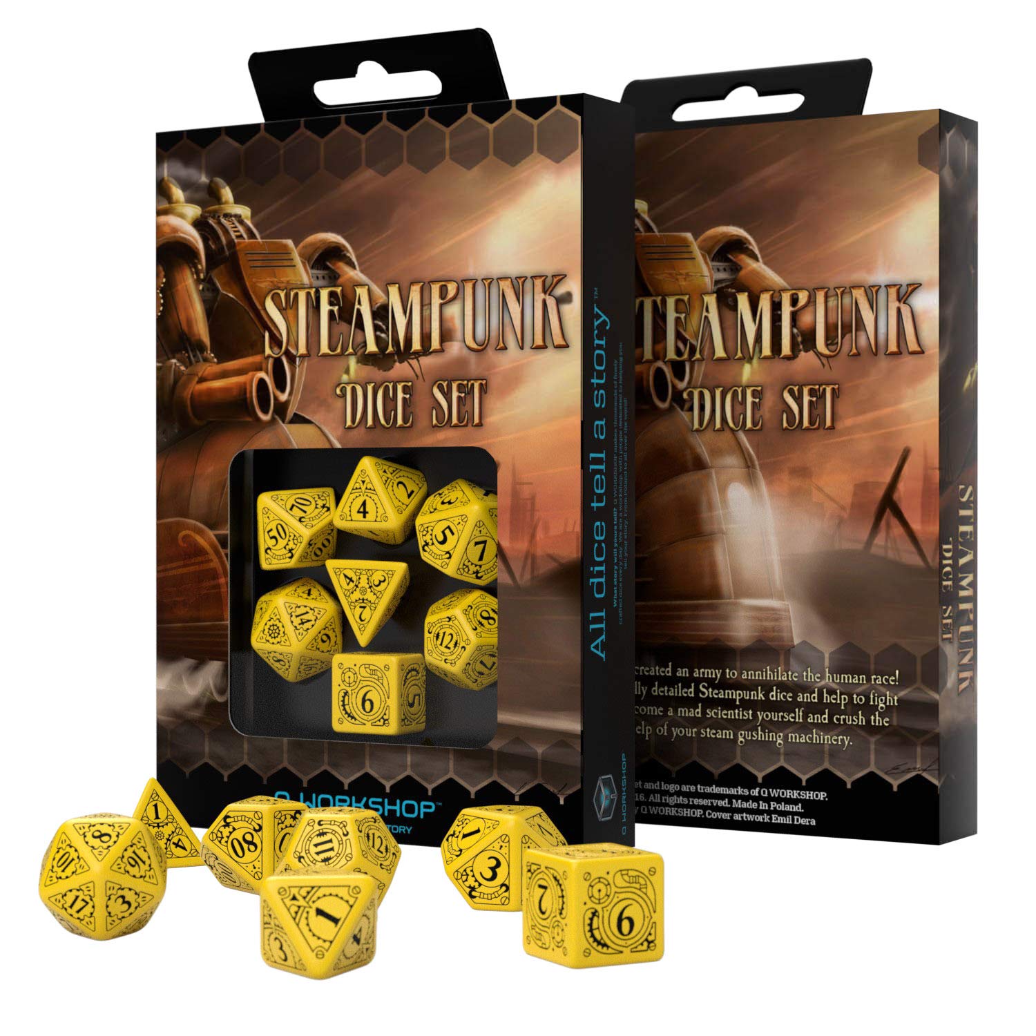 Q-Workshop Polyhedral 7-Die Set: Carved Steampunk Dice Set (Yellow and Black)