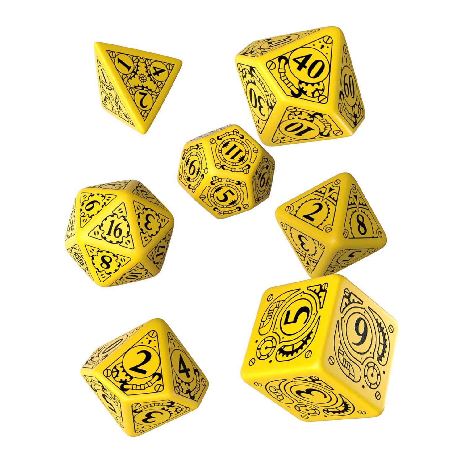 Q-Workshop Polyhedral 7-Die Set: Carved Steampunk Dice Set (Yellow and Black)