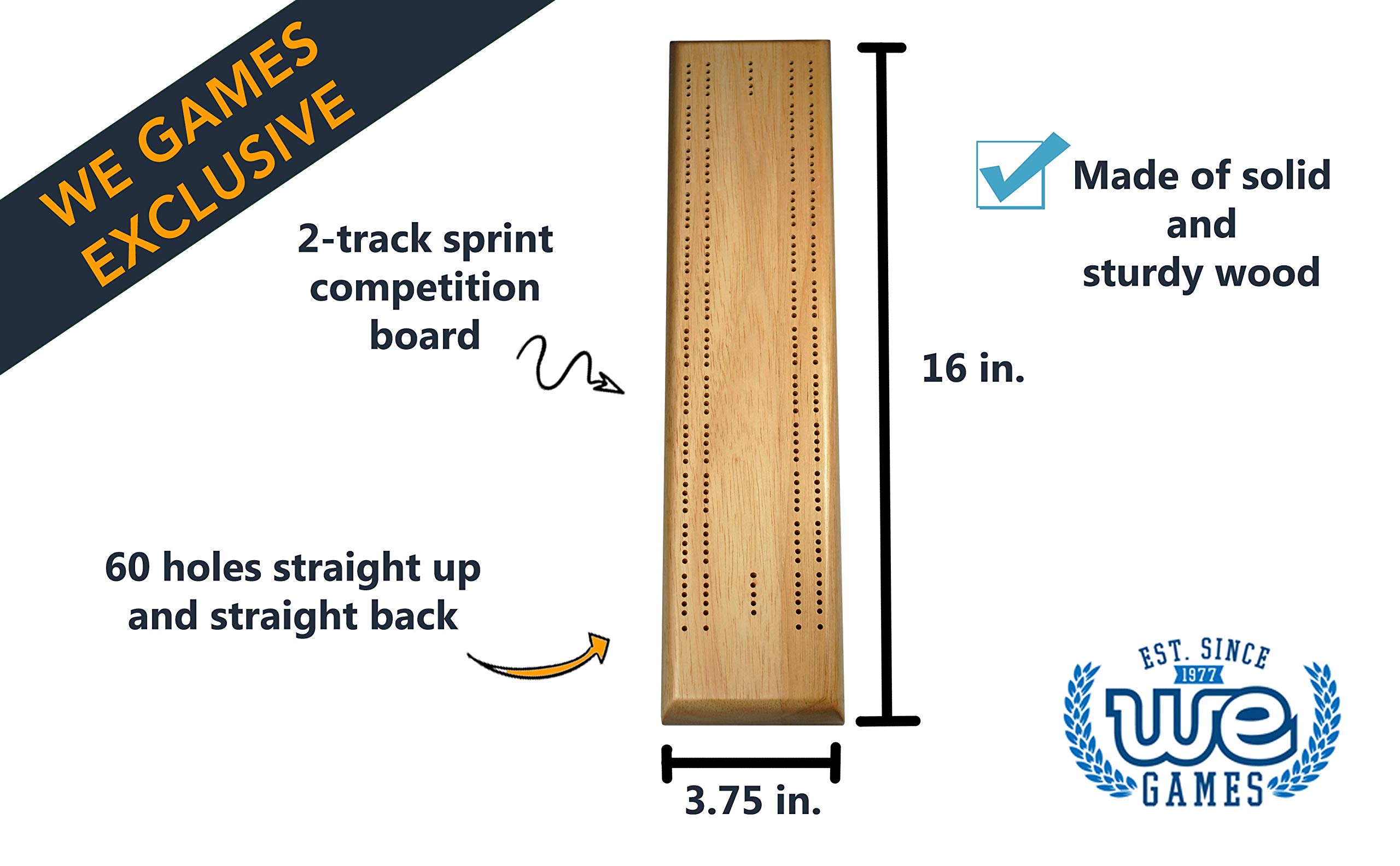 WE Games Competition Cribbage Set - Solid Wood Sprint 2 Track Board with Metal Pegs