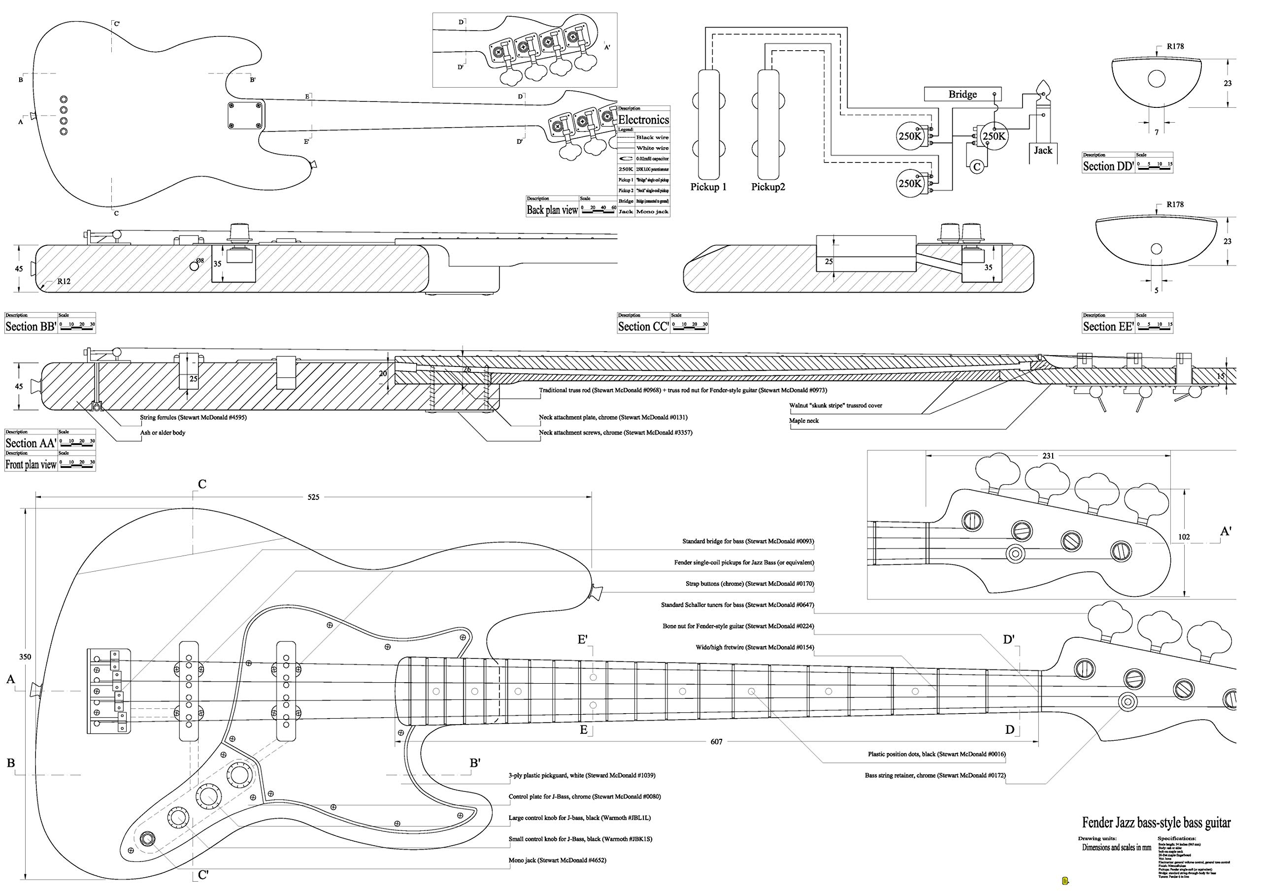 Jazz Bass Electric Guitar PLANS - Full Scale Plans - Actual Size - detailed