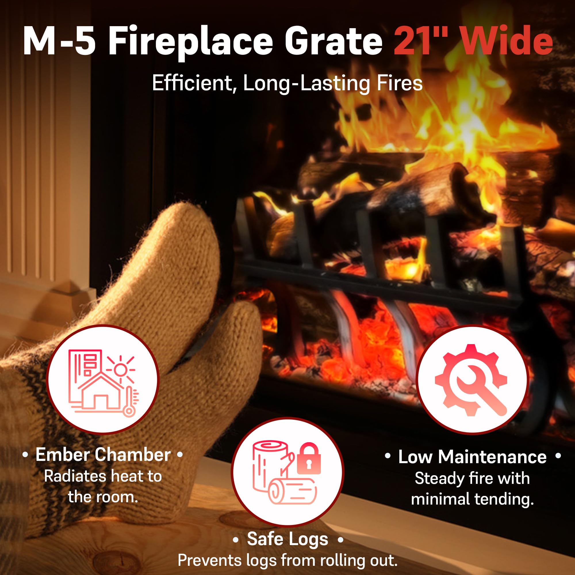 Grate Wall of Fire Model M-5 Smoke-Free Fireplace Grate – 21" Wide, 15" Tall, Heavy-Duty Alloy Steel – Boosts Heat Output, Reduces Smoke – Fits Fireplaces with 21" Rear Width or More – Made in USA