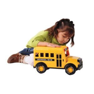 constructive playthings 16" l. x 8" w. x 8 3/4" h. big steel school bus with opening side and back doors and movable stop sign for ages 3 years and up