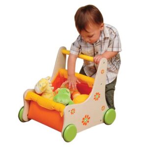 constructive plaything's beginner's buggy baby push toy, holds baby dolls and toddler toys, wood, non-toxic water-based paint, friction-control wheels, ages 12 months and older