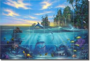 paradise found by david miller- tropical undersea ceramic tile mural 24" x 36" kitchen shower backsplash