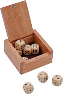 we games wooden dice box with 8 wooden dice (19mm), compact wooden dice game set with instructions for 10 classic dice games, travel games for adults, box with magnetic enclosure