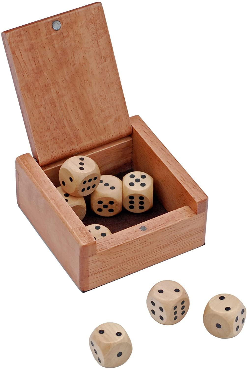 WE Games Wooden Dice Box with 8 Wooden Dice (19mm), Compact Wooden Dice Game Set with Instructions for 10 Classic Dice Games, Travel Games for Adults, Box with Magnetic Enclosure