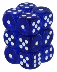 chessex dnd dice set-16mm translucent blue and white plastic polyhedral dice set-dungeons and dragons dice includes 12 dice – d6, (chx23606)