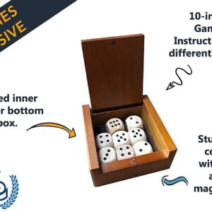 WE Games Wooden Dice Box with 8 Wooden Dice (19mm), Compact Wooden Dice Game Set with Instructions for 10 Classic Dice Games, Travel Games for Adults, Box with Magnetic Enclosure