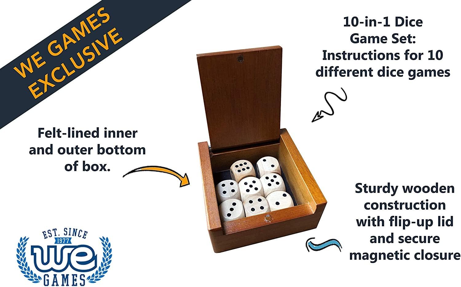 WE Games Wooden Dice Box with 8 Wooden Dice (19mm), Compact Wooden Dice Game Set with Instructions for 10 Classic Dice Games, Travel Games for Adults, Box with Magnetic Enclosure