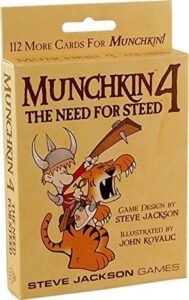 munchkin 4 – the need for steed card game expansion |112-card expansion | adult, kids, & family game | fantasy adventure rpg | ages 10+ | 3-6 players | avg play time 120 min | from steve jackson games