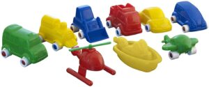 miniland educational - minimobil 9 piece set - durable assorted flexible plastic toy cars for young children, safe non removable wheels, promotes tactile skills and coordination