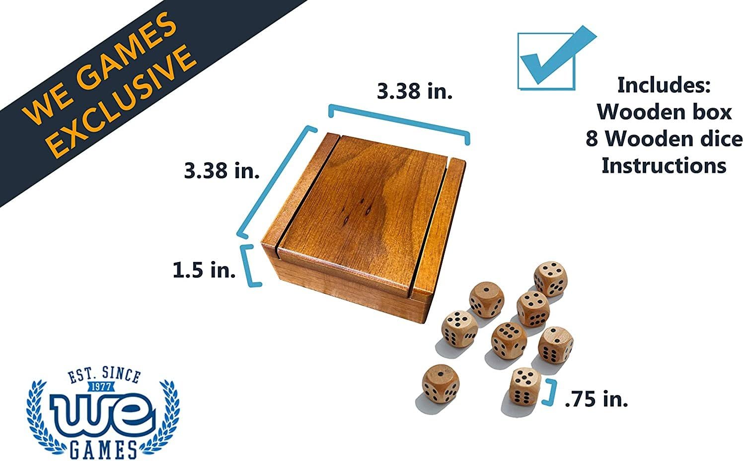 WE Games Wooden Dice Box with 8 Wooden Dice (19mm), Compact Wooden Dice Game Set with Instructions for 10 Classic Dice Games, Travel Games for Adults, Box with Magnetic Enclosure