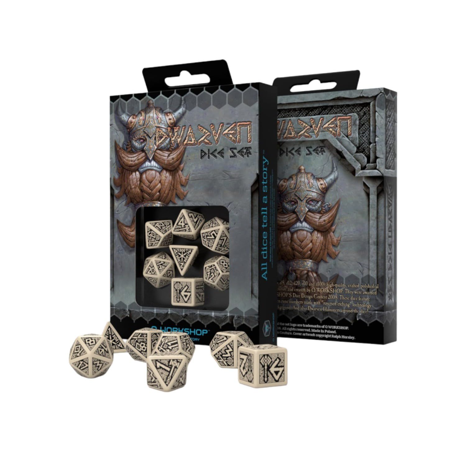 Q-Workshop Dwarven Beige & Black RPG Ornamented Dice Set 7 Polyhedral Pieces