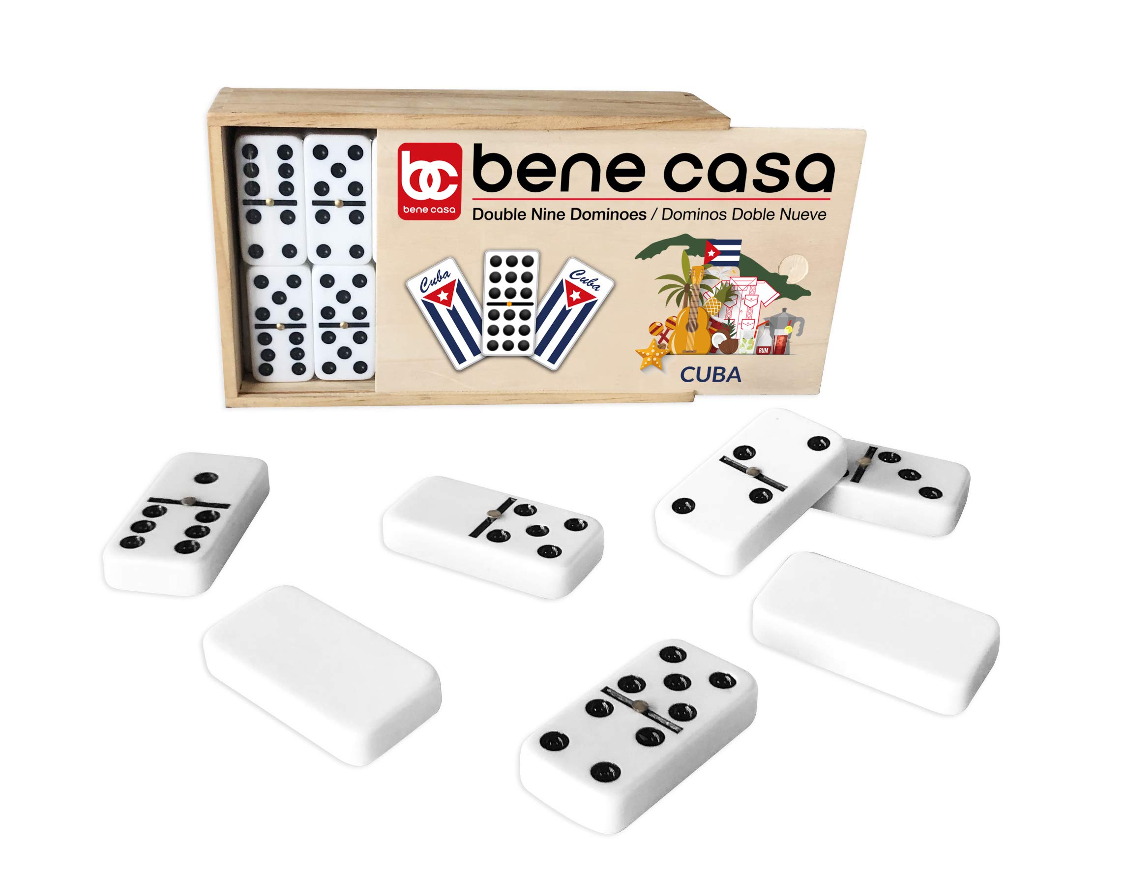 Bene Casa - Cuban Flag Double Nines Dominoes Set - 2-10 Players - Wooden Box with 55 Dominos