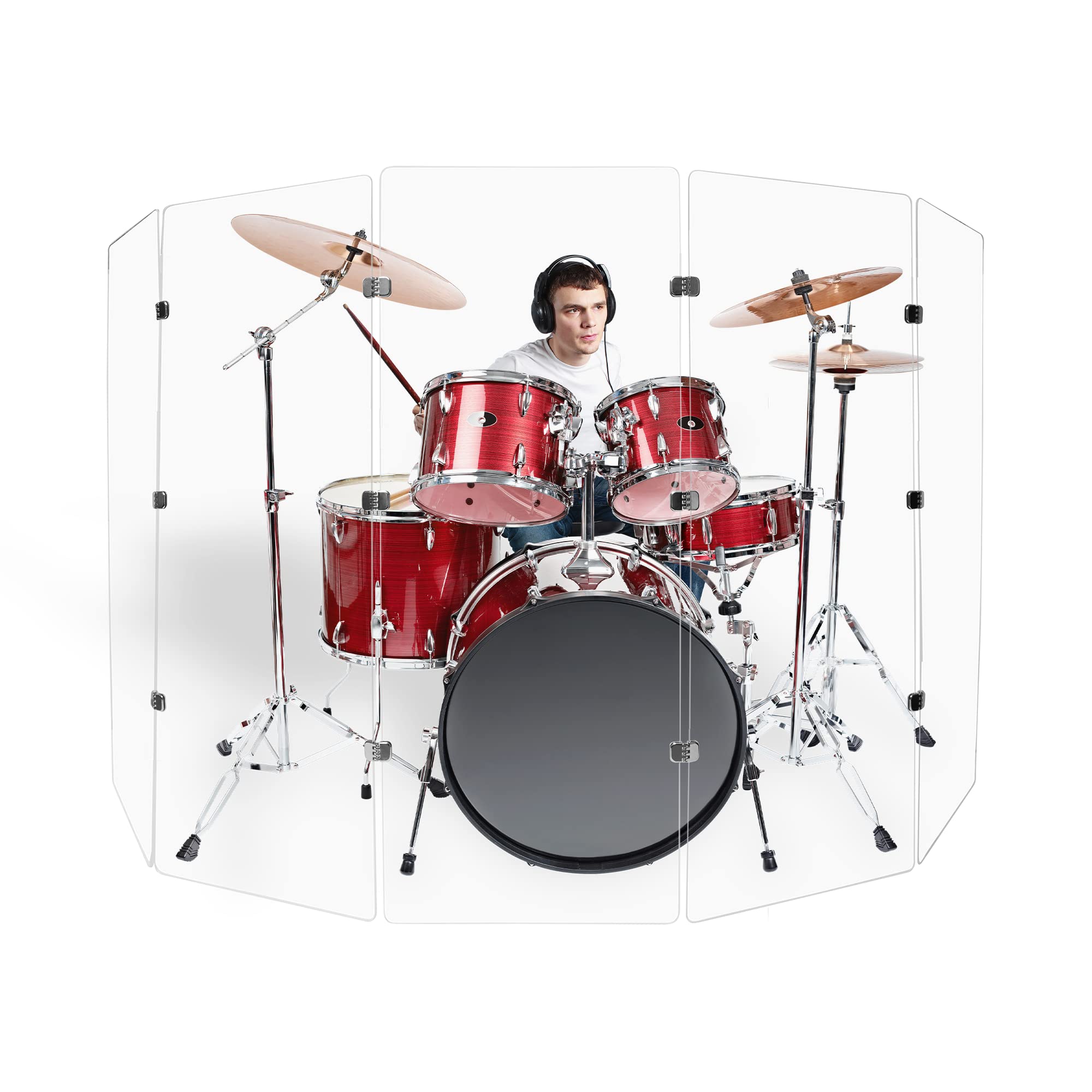 PENNZONI Drum Shield 5ft w/Chrome Hinges, Comes w/ 5 Drum Panels, & Chrome Hinges, Premium Clear Acrylic Panels, Drum Screen