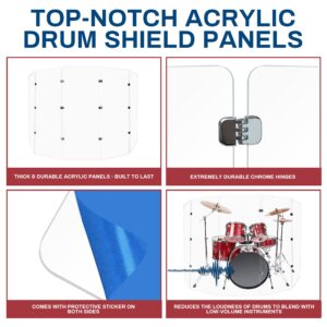 PENNZONI Drum Shield 5ft w/Chrome Hinges, Comes w/ 5 Drum Panels, & Chrome Hinges, Premium Clear Acrylic Panels, Drum Screen