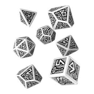 q-workshop dwarven white & black rpg ornamented dice set 7 polyhedral pieces