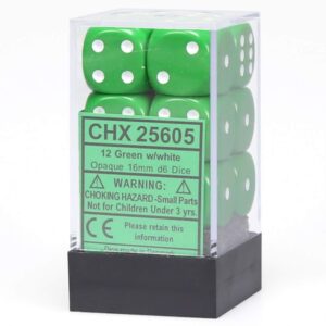 dnd dice set-chessex d&d dice-16mm opaque green and white plastic polyhedral dice set-dungeons and dragons dice includes 12 dice – d6 (chx25605)