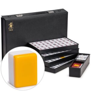 yellow mountain imports japanese riichi mahjong set - white and yellow standard size tiles - with east wind tile and black vinyl case