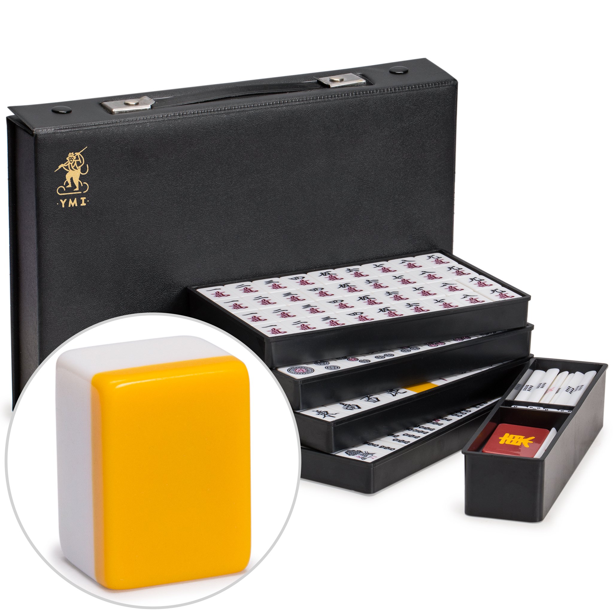 Yellow Mountain Imports Japanese Riichi Mahjong Set - White and Yellow Standard Size Tiles - with East Wind Tile and Black Vinyl Case